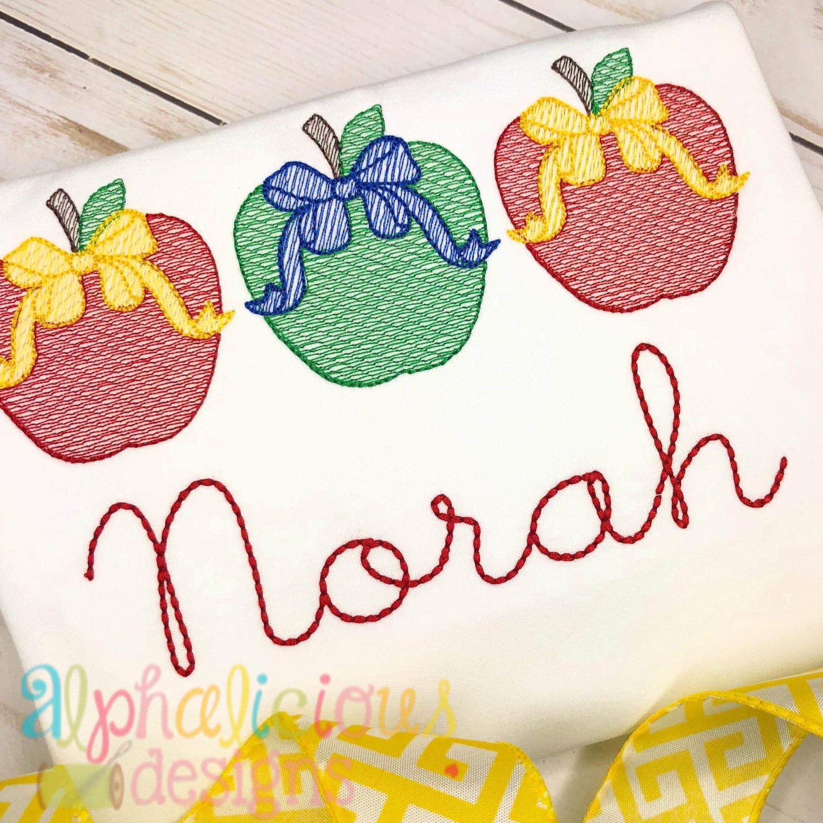 Apple With Bow Three In A Row-Sketch – Alphalicious Designs